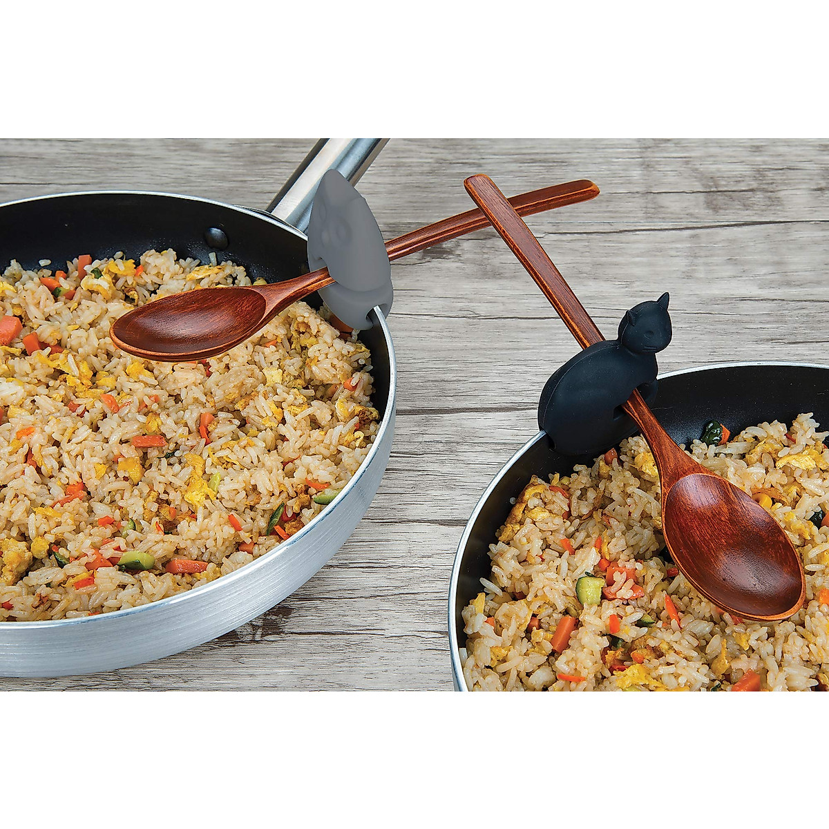 Fox Run Silicone Pot Clip Spoon Rest, Owl and Cat, Set of 2, 2.75", Grey and Black