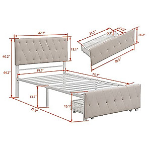 MERITLINE Twin Size Metal Bed, Twin Platform Bed Frame with Upholstered Headboard and Footboard, Metal Platform Bed with Drawer Storage No Box Spring Needed (Twin Size, Beige)