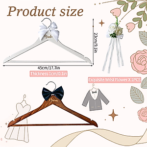 LAIAMER 2 Pack Bride Hanger Groom Hanger, Bridal Hanger Wedding Hanger with Bow Tie & Artificial Flower for Wedding Dress Wedding Gift Wedding Party Shower Gift