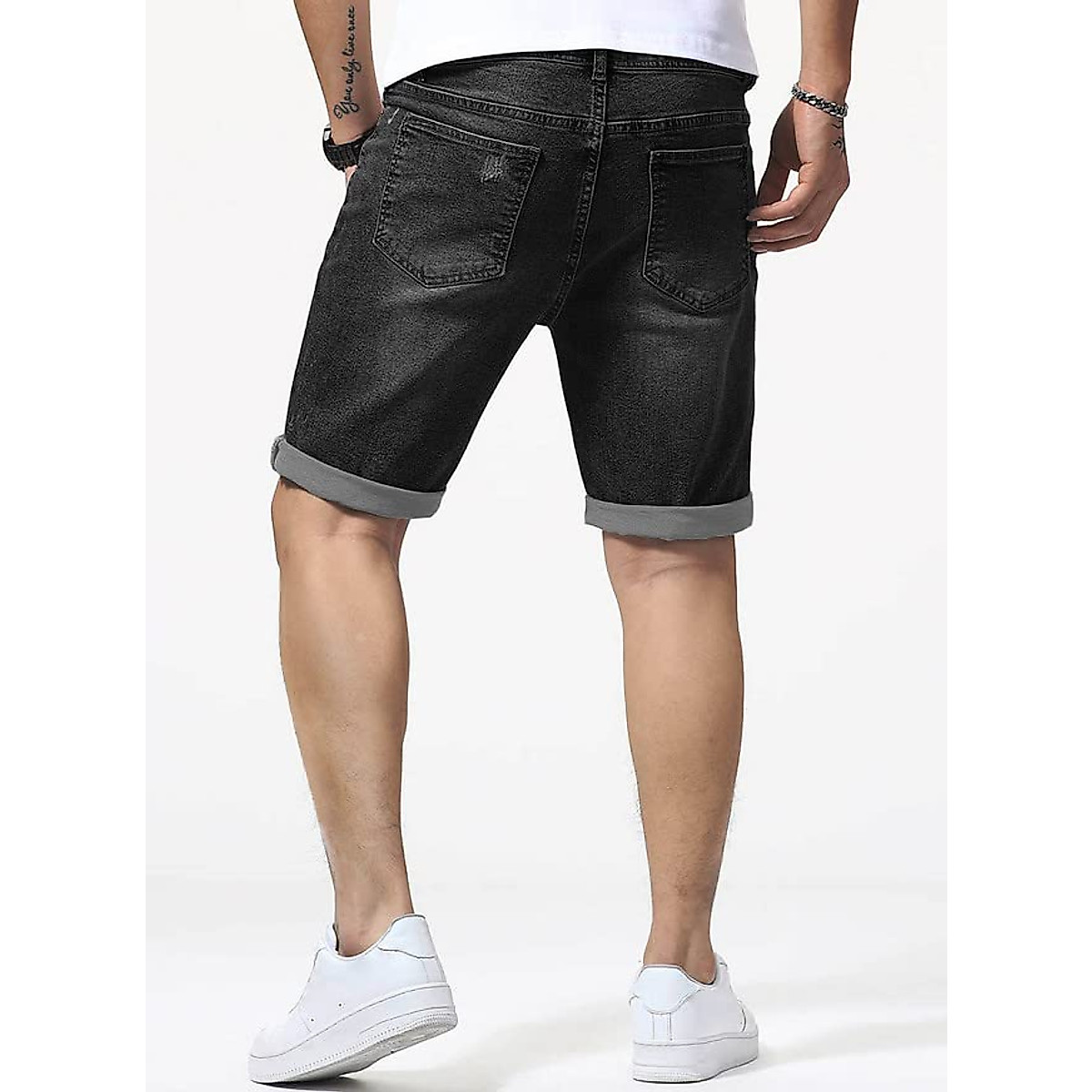 JMIERR Mens Shorts Casual Denim Stretch Slim Fit Washed Distressed Rolled Ripped Jean Shorts for Men US 36(L) Model B Black