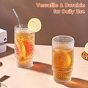 WISIMMALL Vintage Drinking Glasses Set of 4 with Straw 12OZ Aesthetic Highball Glasses Stackable Drinking Glasses Iced Coffee Cups for Cocktail, Whiskey, Beer, Juice, Water