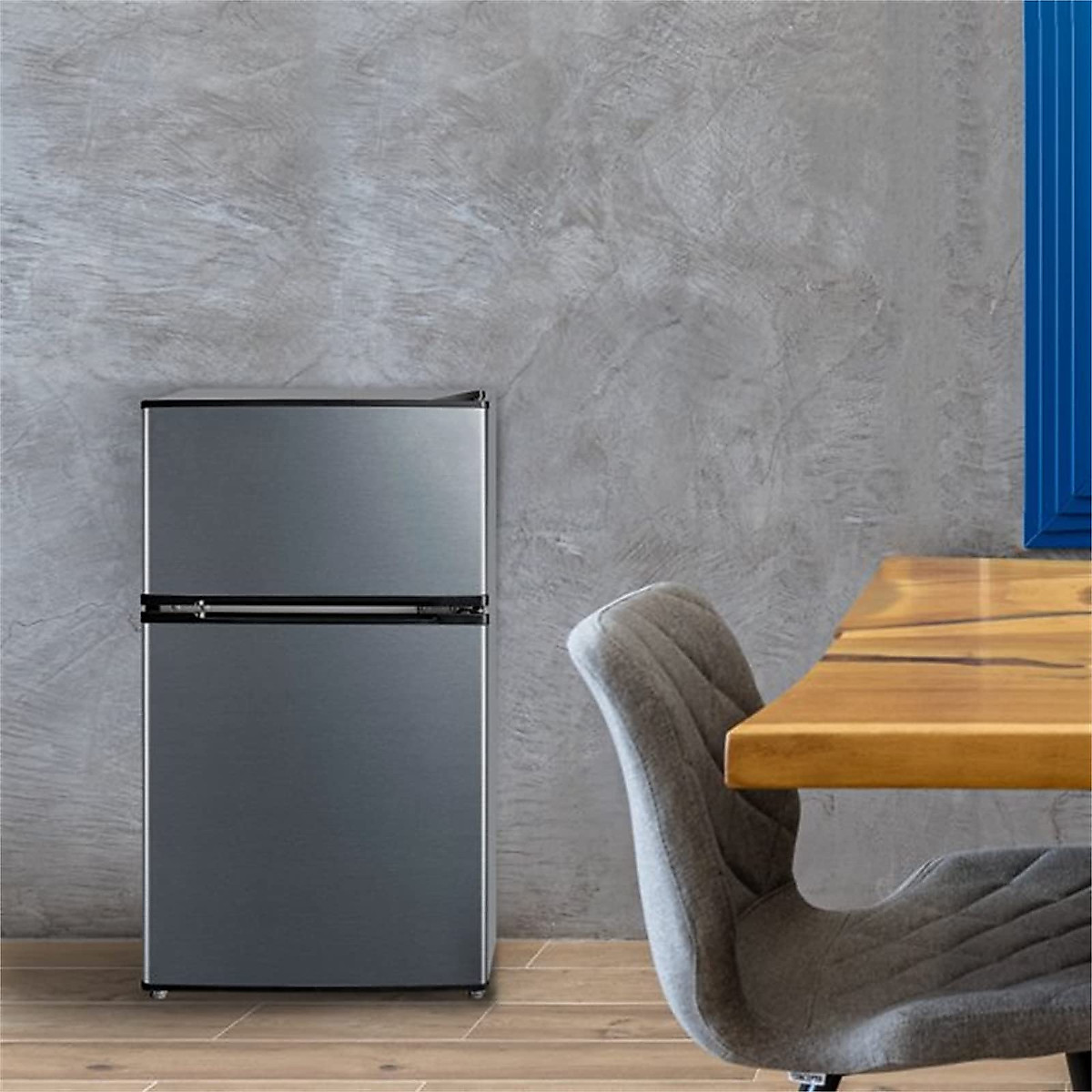 2 Door Mini Fridge, 3.2 Cu ft Compact Refrigerator with Freezer for Dorm Apartment Drinks Snacks Cooling (Stainless Steel)