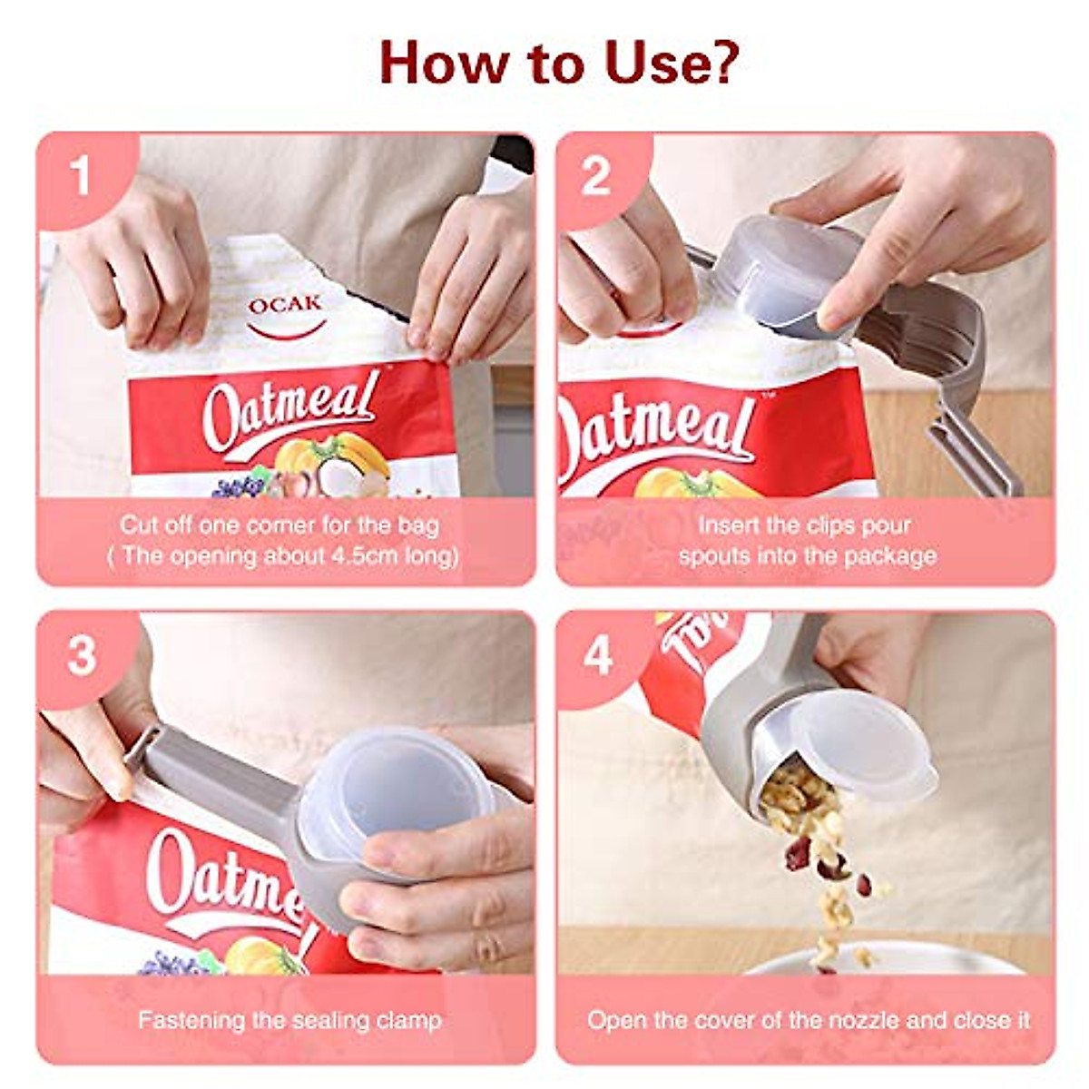 4pcs Food bag clipswith Pour Spouts, Great Clips Bags for Kitchen, Suitable for Small Particle Food, Liquid,Flour and Baby Food Storage Organizer