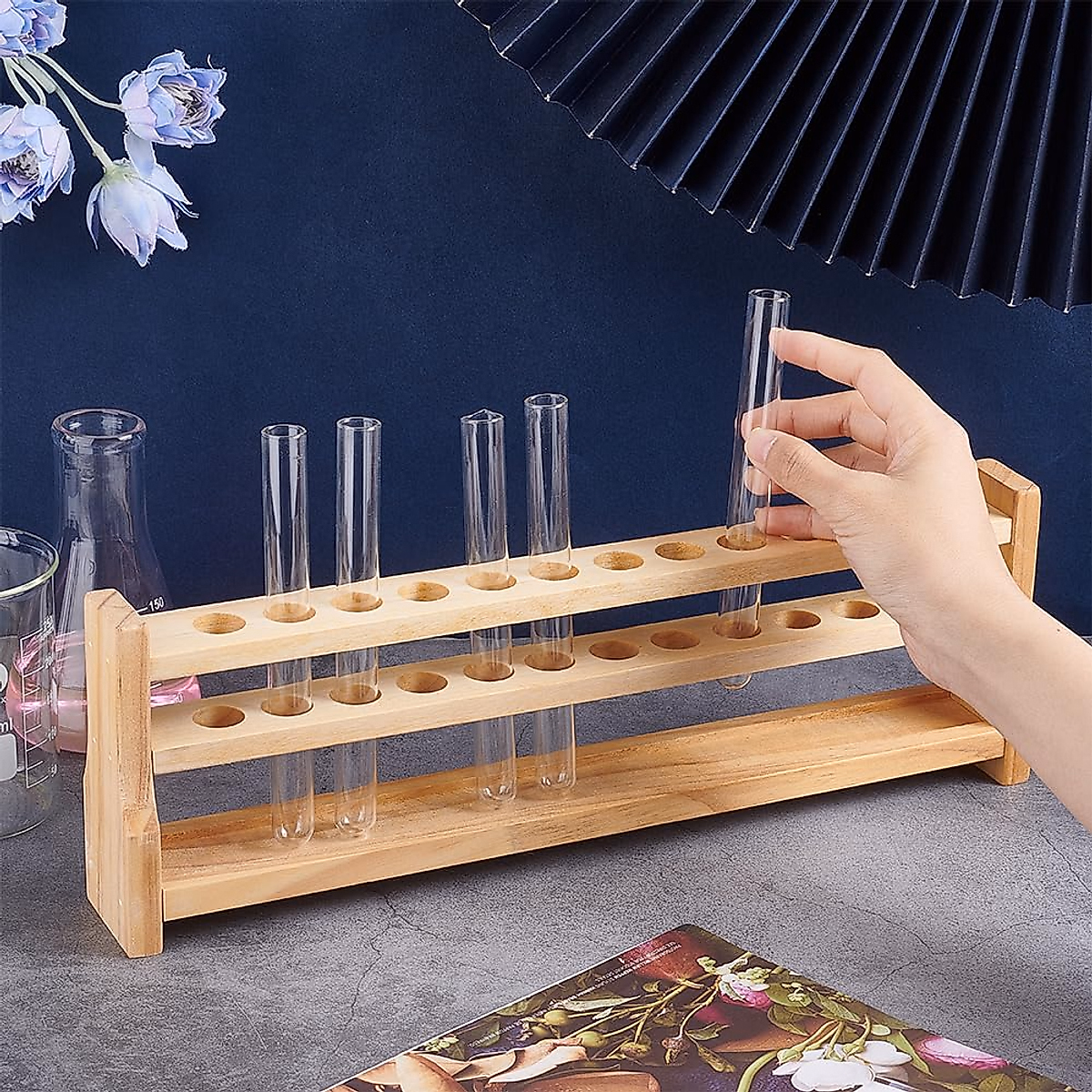 OLYCRAFT 12 Holes Wooden Test Tube Rack 10ML Test Tube Display Stands 18mm Hole Tube Display Racks Wood Colorimetric Tube Stand Centrifuge Tube Rack for Test Tube Chemistry Laboratory 14.2x2x4.6 Inch