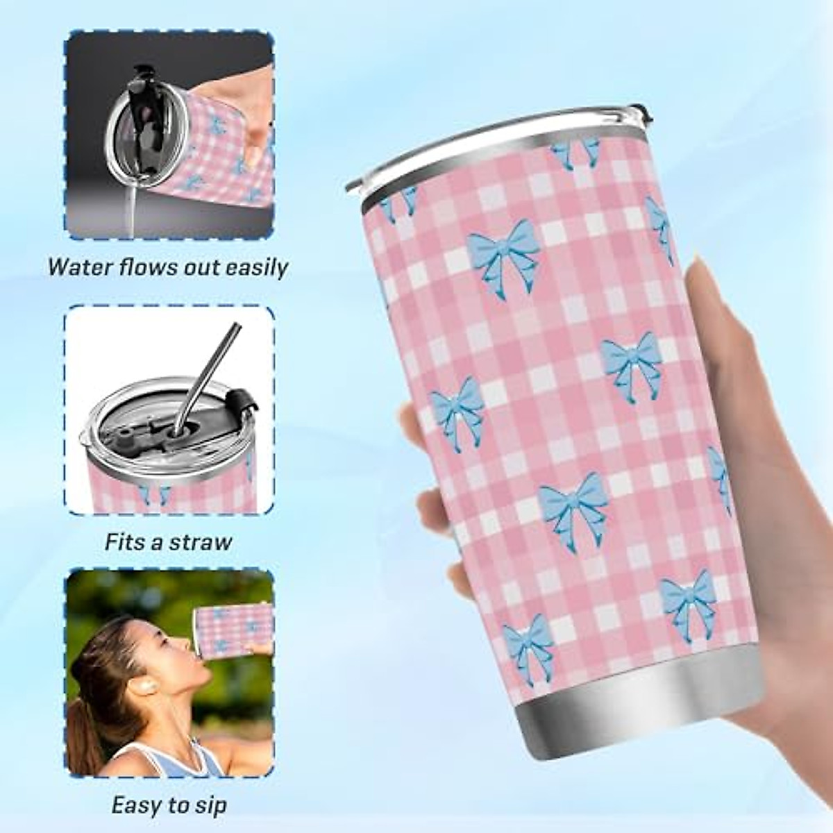 Pink Plaid Bow Stainless Steel coffee cups with lids with Straw Lid Camping Mug for camping simply flip straw tumbler 20 OZ