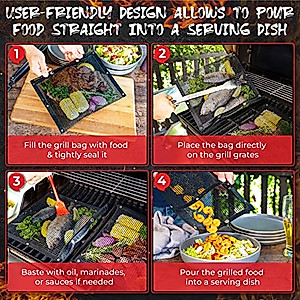 Oleex Non-Stick Large BBQ Grilling Bags + Basting Brush - Reusable PTFE Mesh Indoor Outdoor Charcoal Barbecue Grill Bag Accessories, Heat-Resistant Up to 500 F, Easy to Clean, Dishwasher-Safe