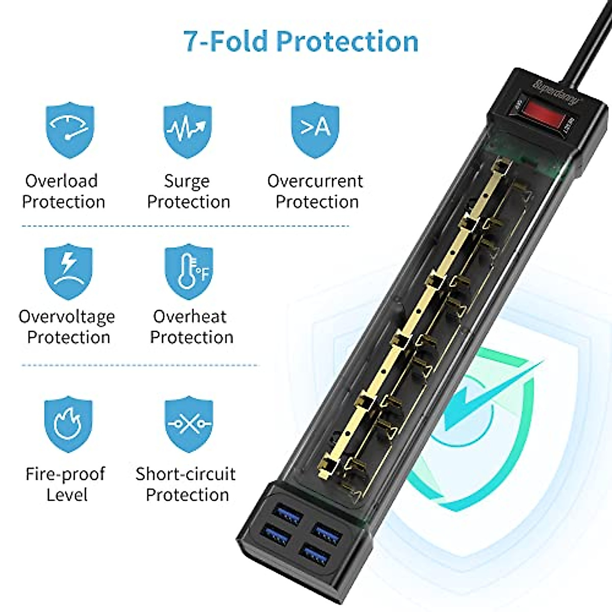 Power Strip with 4 USB Ports, SUPERDANNY 6 Outlets Surge Protector, 4 Ft Extension Cord Flat Plug, 900Joules, Wall Mount Outlet Extender for Home/Office/Dorm Essentials, Black