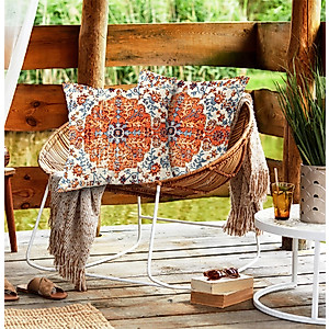 chiinvent Boho Pillows Covers 18x18 Inch Set of 2 Bohemian Vintage Rust Carpet Pattern Throw Pillows Orange Blue Ethnic Floral Decorative Cotton Linen Cushion Cases for Outdoor Couch Sofa Living Room