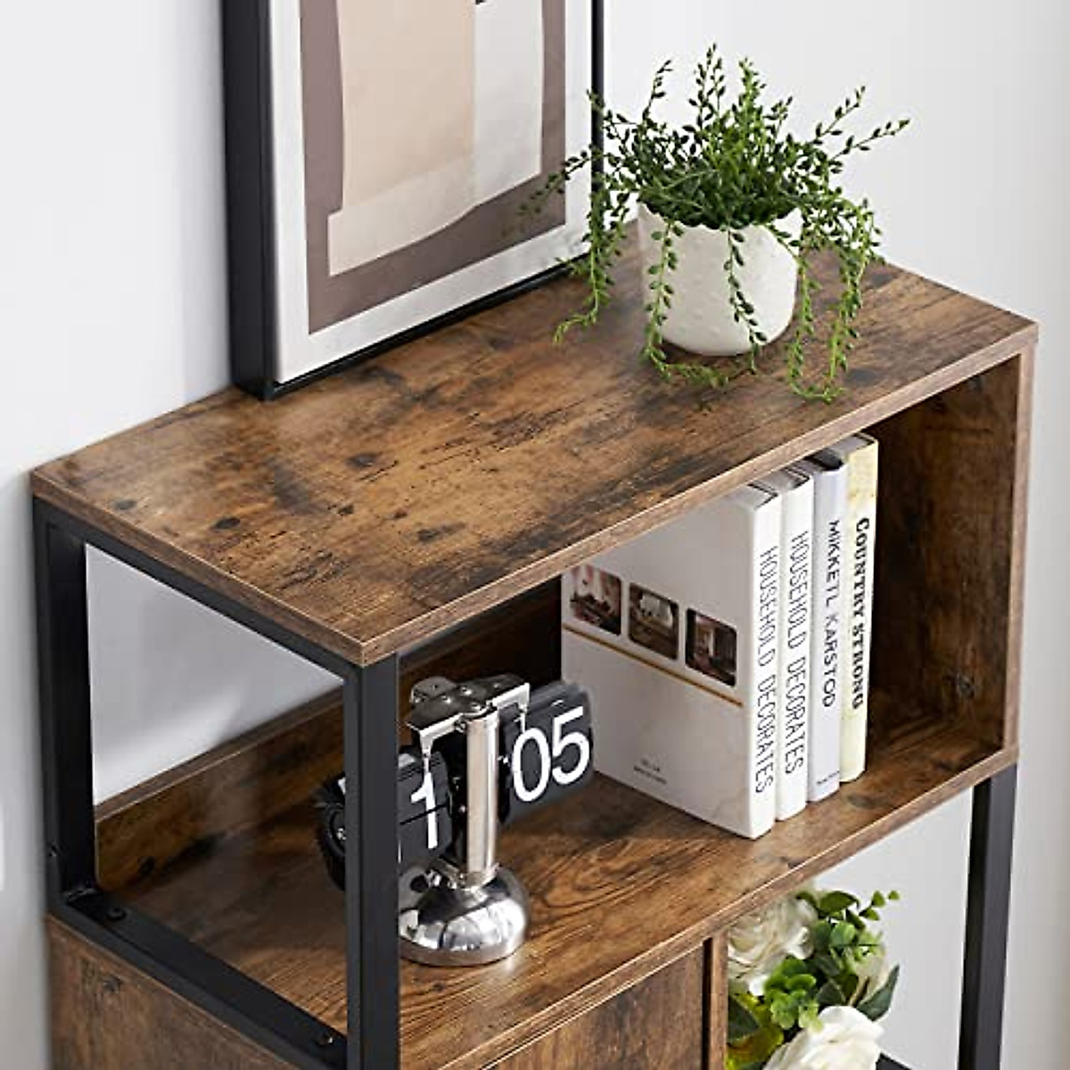 UnaFurni Bookshelf, 5 Tier Narrow Bookshelf with Storage Cabinet, Rustic Wood Bookcases and Book Shelves 5 Shelf for Living Room/Home Office, Rustic Brown