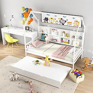 Giantex Twin House Bed with Trundle, Solid Wood Bed Frame with Roof & 8 Cube Bookcase, Wooden Slatted Support Bed Frame for Girls, Boys, No Box Spring Needed, White