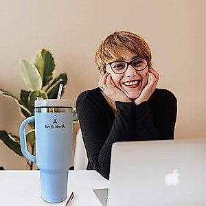 Arctic North 40 oz Light Blue Insulated Tumbler with Handle, 3 Straw, Lid, Reusable Tumbler Coffee Cups with Lids, Stainless Steel Vacuum Insulated Travel Mug with Handle, Wide Mouth,