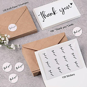 100 Thank You Cards 4x6 Inch, with 100 Kraft Envelopes and 120 Stickers, Minimalistic and Professional Looking for Business Wedding Graduation Baby Shower Bridal Shower
