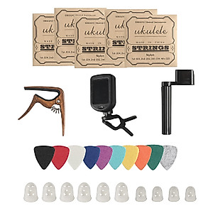 Ukulele Strings Accessories Kit, Nylon Ukulele Strings Set, Tuner, Felt Picks, Capo, Finger Protectors,String Winder for Soprano Concert Tenor Ukulele (28PCS, Walnut color)