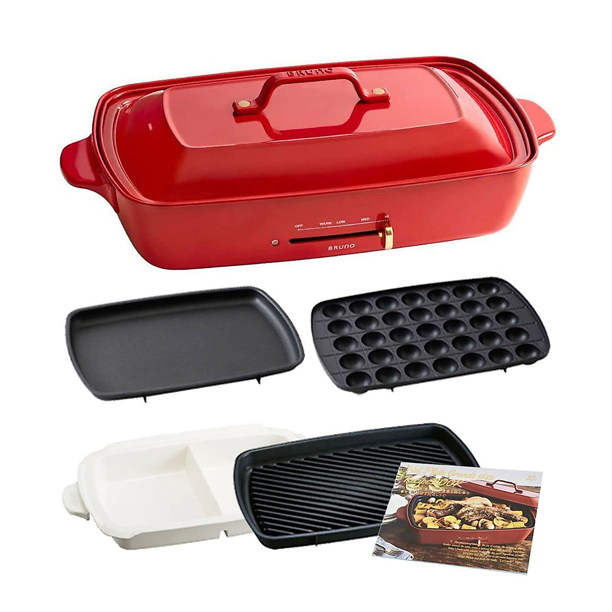 BRUNO Hot Plate Grande Size + Ceramic Coat Partition Pot + Grande For The Grill Plate + Grande Recipe Book 4-Piece Set Red