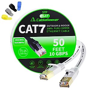 Cat 7 Shielded Ethernet Patch Cable 50 ft White (Highest Speed Cable) Cat7 Flat Internet Network Cable with Snagless RJ45 Connector for Modem, Router, LAN, Computer + Free Cable Clips and Straps