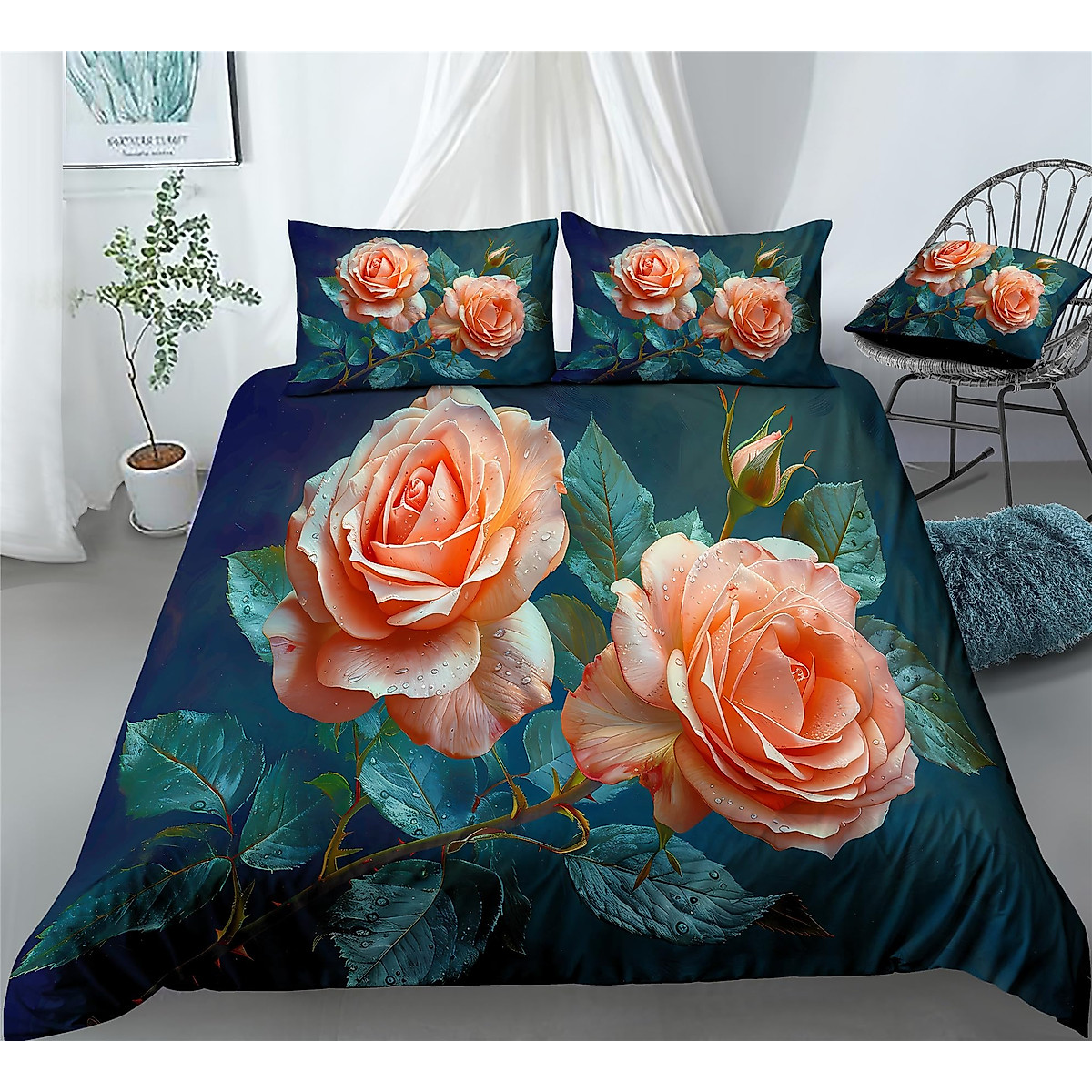 REALIN Sophisticated Rose Blooming Rose Bedding Floral Rose Duvet Cover Set Girl Boy Kids Bed Sets 3/4PCS Quilt Covers/Sheets/Pillow Shams,Twin/Full/Queen/King (C,King-229x259cm-4PCS)