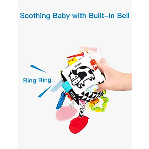 Jollybaby Baby Car Seat Toys with Rattles & Teether, Black & White High Contrast Stroller & Pram Toy, Crib Bed Plush Hanging Toy for 0 3 6 9 12 Months Newborn, Toddlers, Infants(Cube)