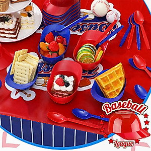 49 Pcs Baseball Party Decorations 24 Count Baseball Helmet Ice Cream Bowl, 1 Plastic Baseball Tablecloth 51 x 87 Inch with 24 Spoons Red Blue 8 oz Mini Dessert Sundae Bowls Baseball Party Supplies