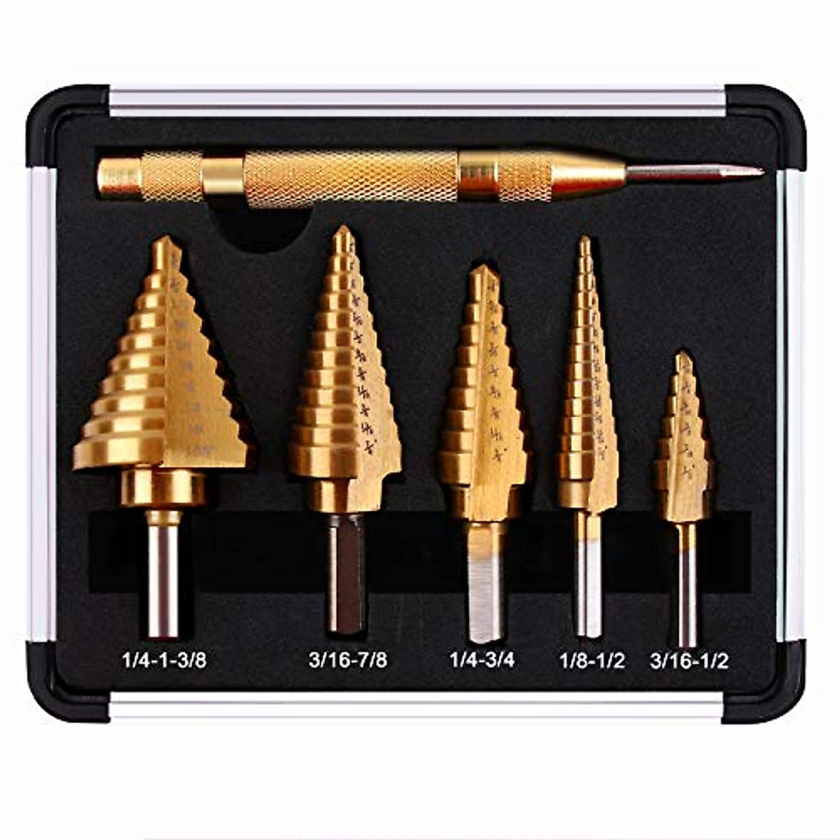 Yangoutool 5PCS Titanium Step Drill Bit Set with Automatic Center Punch,Multiple Hole 50 Sizes Stepped Up Bits,High Speed Steel Drill Bits with Aluminum Case