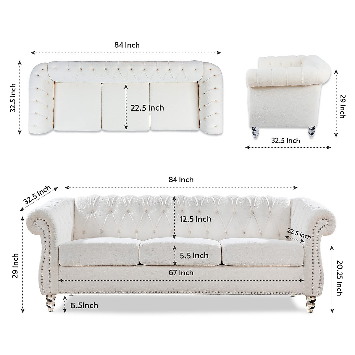 Vaztrlus White Velvet Couches for Living Room 3-Seater Chesterfield Sofa Tufted Sofa Furniture Couch Nailhead Upholstered Couches Minimalis Light Luxury Easy to Assemble