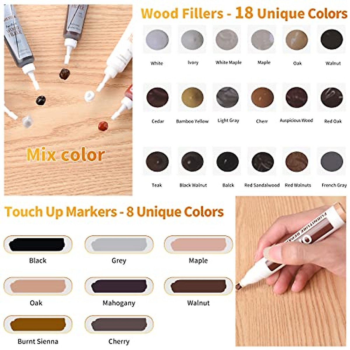 Wood Furniture Repair Kit - Set of 39 - Hardwood Floor Repair Kit Wood Filler, Furniture Repair Kit Wood Markers Touch Up for Scratch Stain Hole, Restore Any Wood, Laminate, Wooden Door, Desk, Cabinet