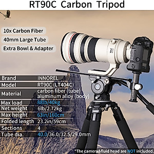 Carbon Fiber Tripod INNOREL RT90C Bowl Tripods Professional Heavy Duty Camera Stand with 75mm Bowl Adapter for DSLR Cameras Compatible with Ball Head & Fluid Head, 63 inch, 40mm Tube 40kg Load Black
