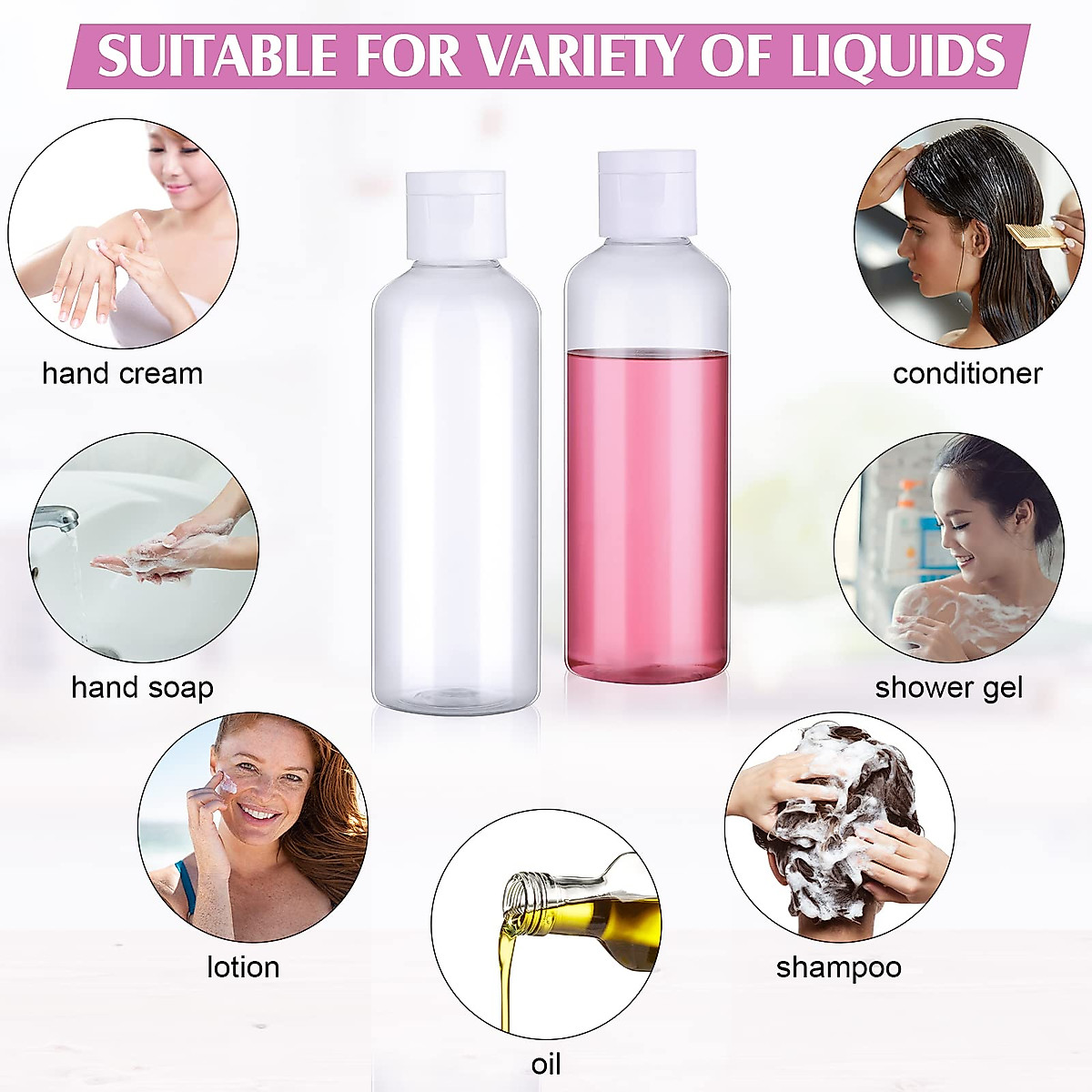 50 Piece 3.4 oz Travel Bottles with Flip Cap Clear Plastic Empty Bottles Refillable Flip Cover Dispensing Squeeze Bottles with 2 Funnels Portable Refillable Containers for Travel Size Liquid Cosmetics