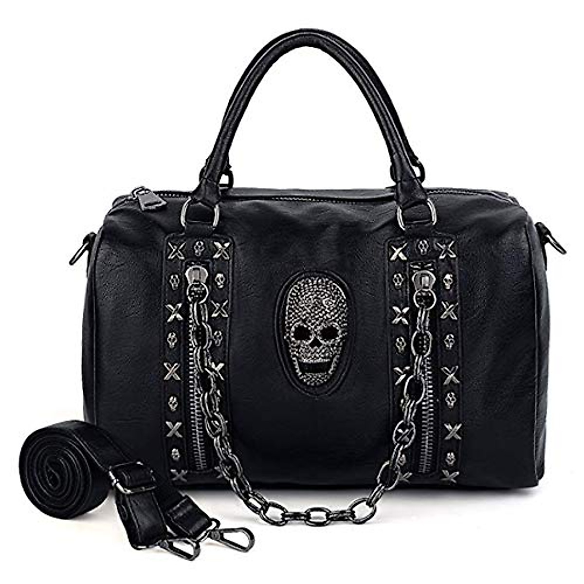 FiveloveTwo Women Skull Chain Handbag and Purse Gothic Rivet Tote Satchel Shoulder Bag Black