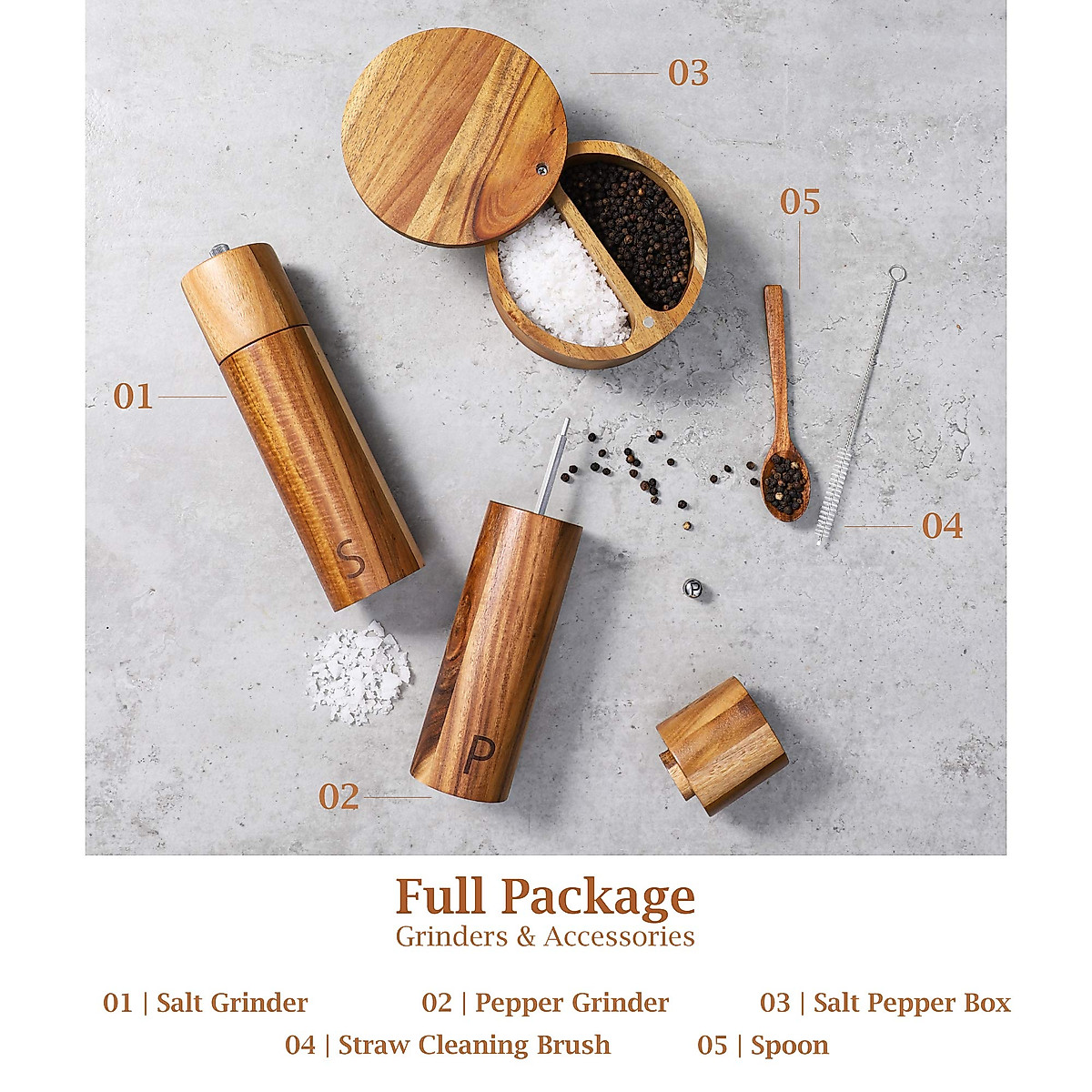 Wooden Salt and Pepper Grinder Set - Premium Set Includes Salt and Pepper Mill/Box with Swivel Lid, Spoon & Cleaner Tool - Perfect Salt and Pepper Shakers Gift (8 inch)