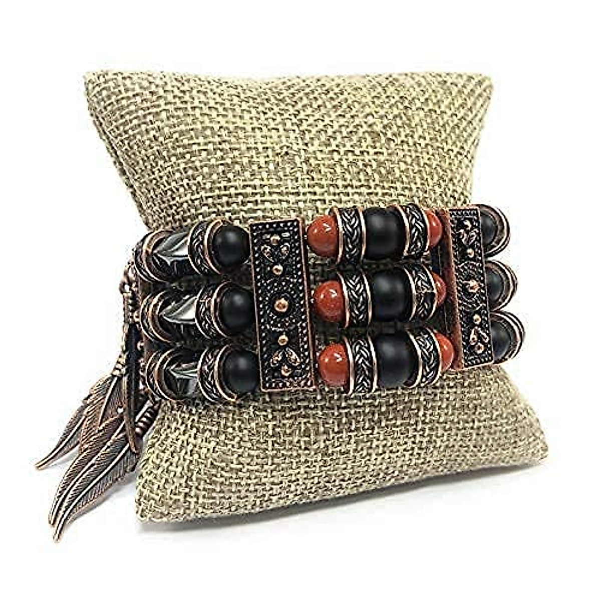 Native American Inspired Bracelet Beaded Bohemian Cuff Bracelets for Women Men Red Jasper and Black Onyx Jewelry