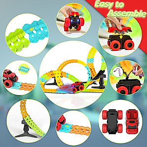 Race Car Track Toy for Kids, 200pcs Flexible Tracks of Glow in The Dark with 1 LED Light-Up Race Car for 3 4 5 6 7 Years Old Boys Girls Toddler, 19Ft Train Track Set Can be Build in Various Ways