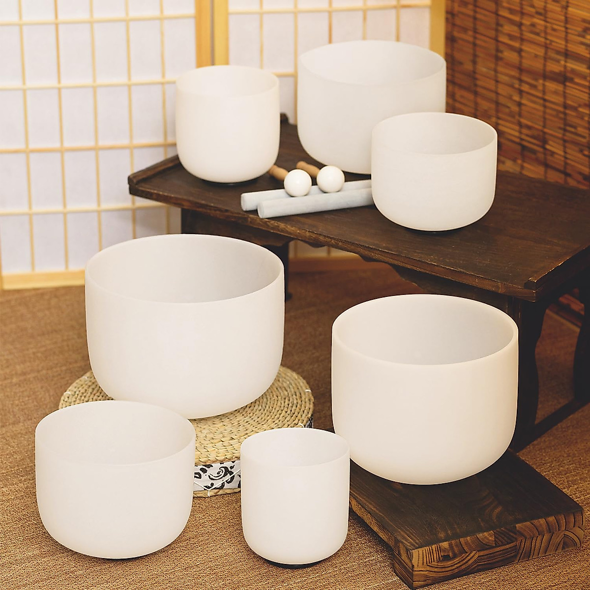 KVKA 7-12 inch 432hz Crystal Singing Bowls Set of 7 pcs for Yoga Sound Healing with 2pcs Travel Carrying Case,Rubber Mallets,(7-12inch, 432hz)