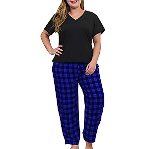 KAMONG Women Plus Size Pajamas Set Plaid Lounge Pants V-Neck Long/Short Sleeve Cotton T Shirt 2 Piece Sleepwear Blue