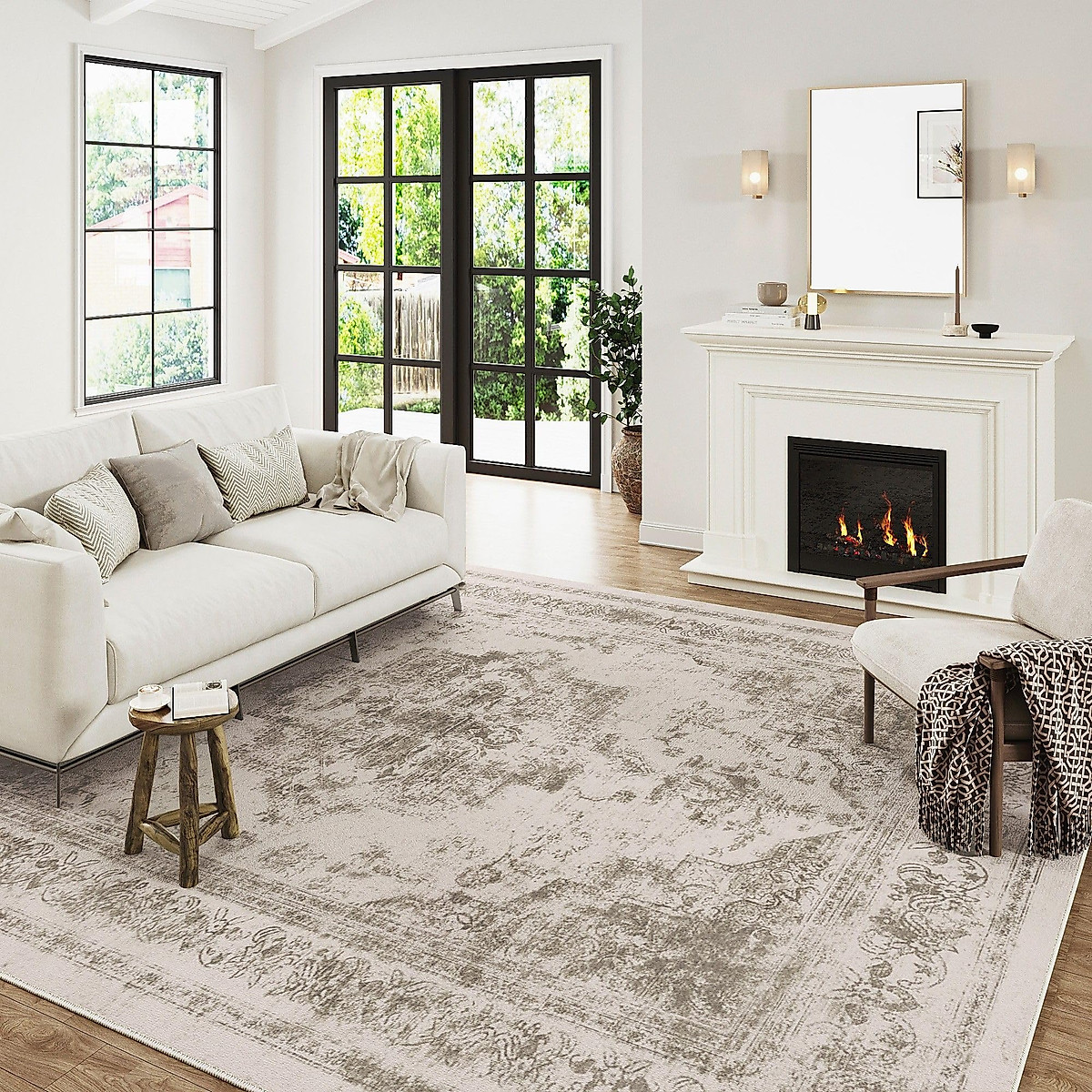 PureCozy Vintage Area Rug 8x10 Indoor Bedroom Rug Taupe Medallion Washable Living Room Carpet Retro Accent Throw Rug Distressed Rug for Office Dining Room Nursery