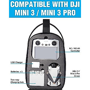 PEKREWS Mini 3 Pro Case, Waterproof Hard Carrying Case Portable Travel Drone Bag Sling Backpack Compatible with DJI Mini 3 Pro with RC Controller, Fly More Combo and Accessories, Black (Case Only)