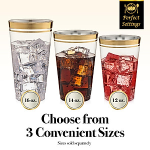 Perfect Settings 100 Premium Hard Plastic Cups Clear Plastic Double Colored Rimmed Cups Fancy Disposable Wedding Cups Elegant Party Cups with Twin Colored Rim (Clear Gold Rim, 16)