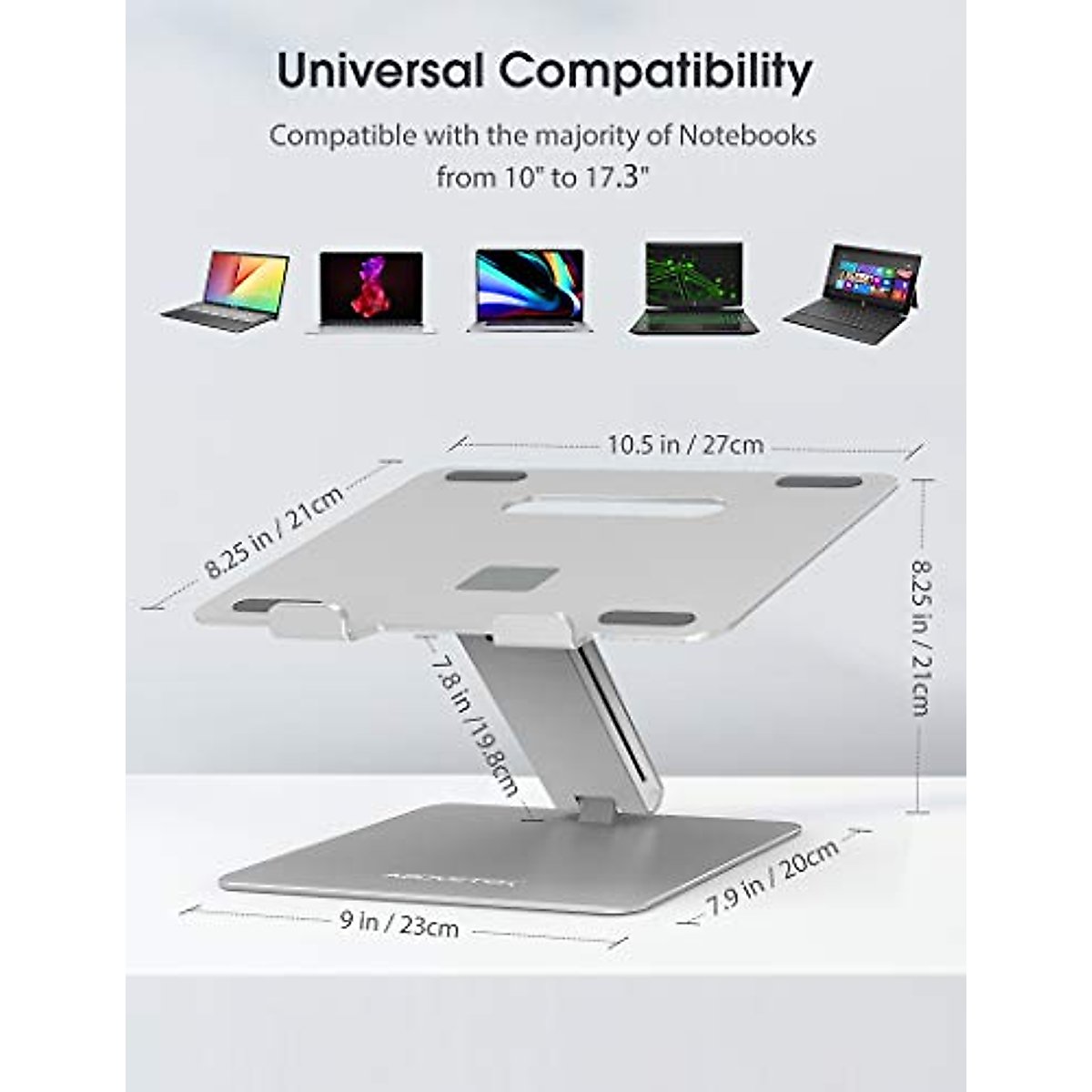 AboveTEK Laptop Stand, Adjustable Portable Computer Riser, Ergonomic Aluminum Notebook Desktop Holder for Desk, Compatible with MacBook Pro, Air, HP, Fits Up to 17 Inch Laptops, Silver