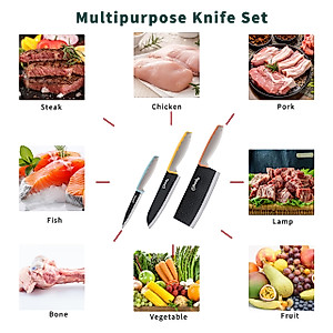 3PCS Kitchen Knvies, Includes 7 inch Chef Knife, 7 inch Cleaver Knife and 4.5 inch Boning Knife, Stainless Steel Blade with Ergonomic Rubber Handle, Dishwasher Safe (Orange, Yellow, Blue)