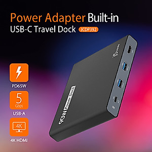 j5create USB-C Travel Dock with PD 65W Power Supply - for Travel or Business Trip - Charging Adapter Hub with 4K HDMI, USB-A x 2 - for MacBook Air/Pro 13, Surface Pro, and USB-C Laptop (JCDP392)