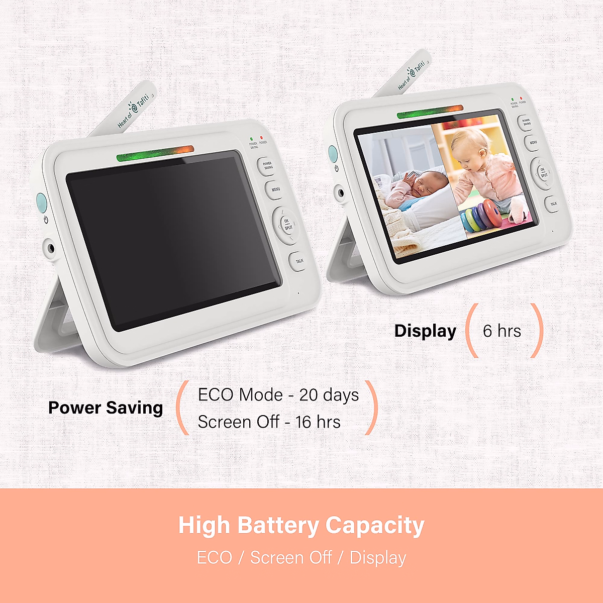 Heart of Tafiti 5" HD Baby Monitor, 720P Night Vision, No WiFi, Low EMF, Auto Noise Reduce, Quad View, VOX/Voice Activation, Long Battery Life, 1000ft Range, Aqua 50.