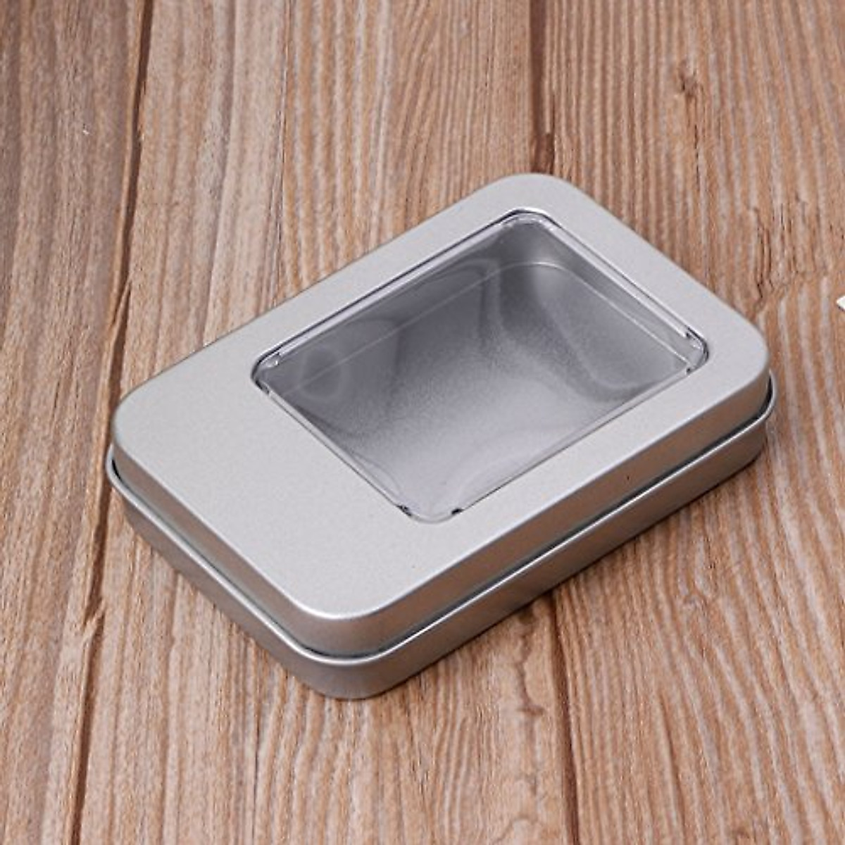 HELYZQ Rectangular Tin Silver Storage Box Case Organizer with Half Clear Window Lid