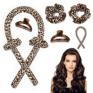 Heatless Hair Curlers For Long Hair, No Heat Silk Curls Headband You Can To Sleep In Overnight, Soft Foam Hair Rollers, Curling Ribbon and Flexible Rods for Natural Hair (Leopard)