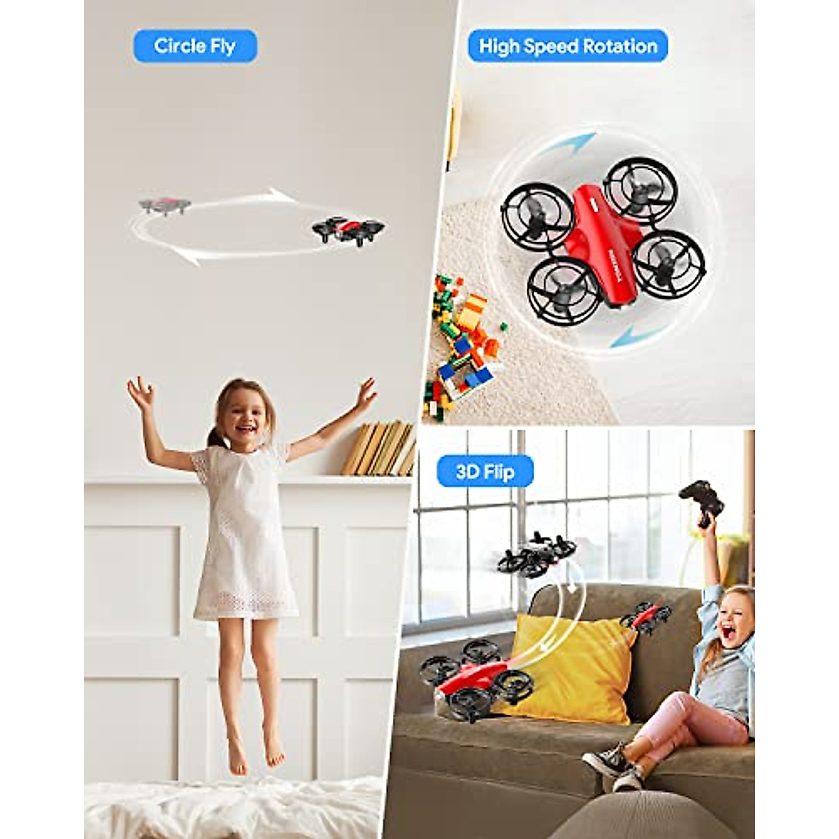TOMZON A24 Mini Drone for Kids with Battle Mode, Kids Drone with Throw to Go, High Speeds Rotation, Self Spin and 3D Flip, RC Quadcopter with Altitude Hold, Headless Mode, 3 Batteries, Safe Cover, Red