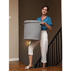 16" x 16" x 18" Extra Large Storage Basket with Lid, Cotton Rope Storage Baskets, Laundry Hamper, Cloth Bin, for Clothes Towels Blankets Pillows Storage in Living Room, Large Basket Grey with Cover