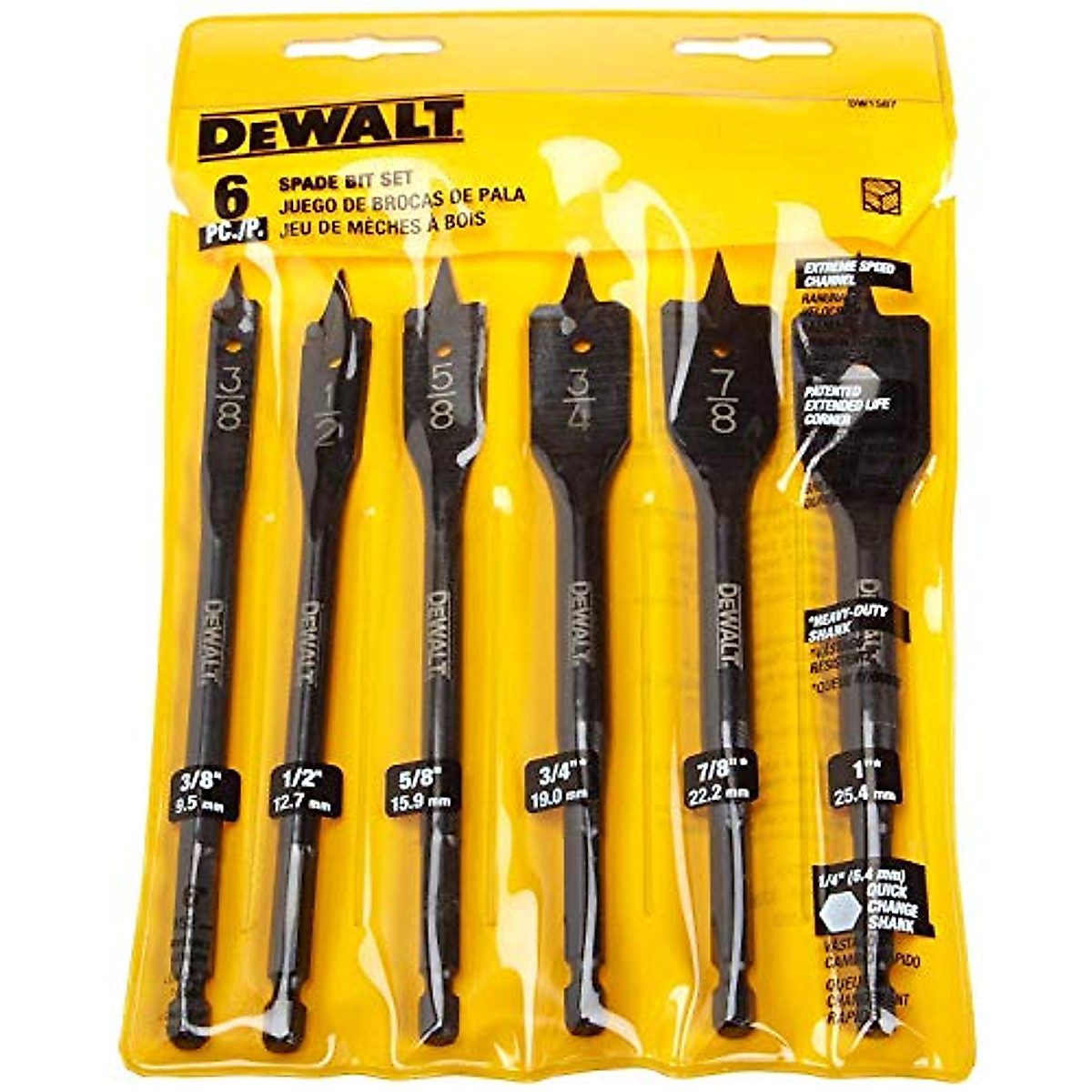 DW1587 6 Bit 3/8-Inch to 1-Inch Spade Drill Bit Assortment (Premium pack)