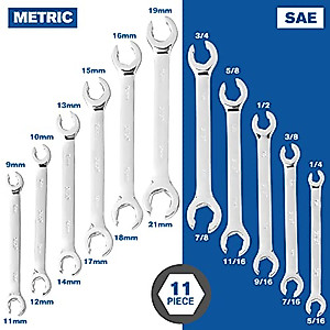 XJX Flare Nut Wrench Set | 11-Piece | SAE & Metric | 1/4"-7/8" and 9-21mm | CR-V Steel | Brake Line Wrenches Set with Rolling Pouch