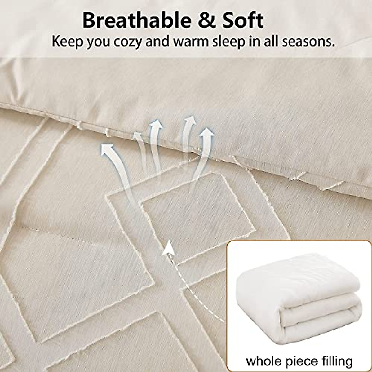 Dobuyly Cream Tufted Comforter Set Queen, 7 Pieces Bed in a Bag Boho Cream Beige Comforter Embroidery Shabby Chic Farmhouse Bedding Set, Soft Breathable Cation Microfiber Comforter Set