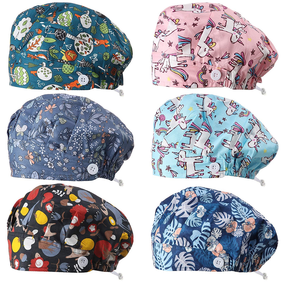 Syhood 6 Pieces Button Bouffant Hats Working Caps Adjustable Printed Sweatband Caps for Women Men Nursing Surgical Caps with Button (Unicorn Style) Multicoloured
