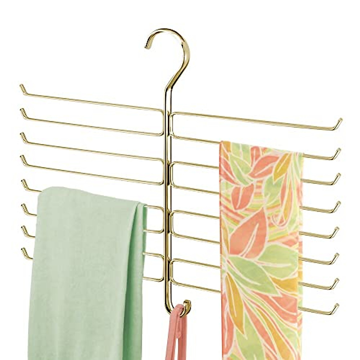 mDesign Metal Closet Rod Hanging Accessory Storage Organizer Rack for Scarves, Ties, Yoga Pants, Leggings, Tank Tops - Snag Free, Geometric Design, 16 Arms/1 Hook - Spira Collection - Soft Brass