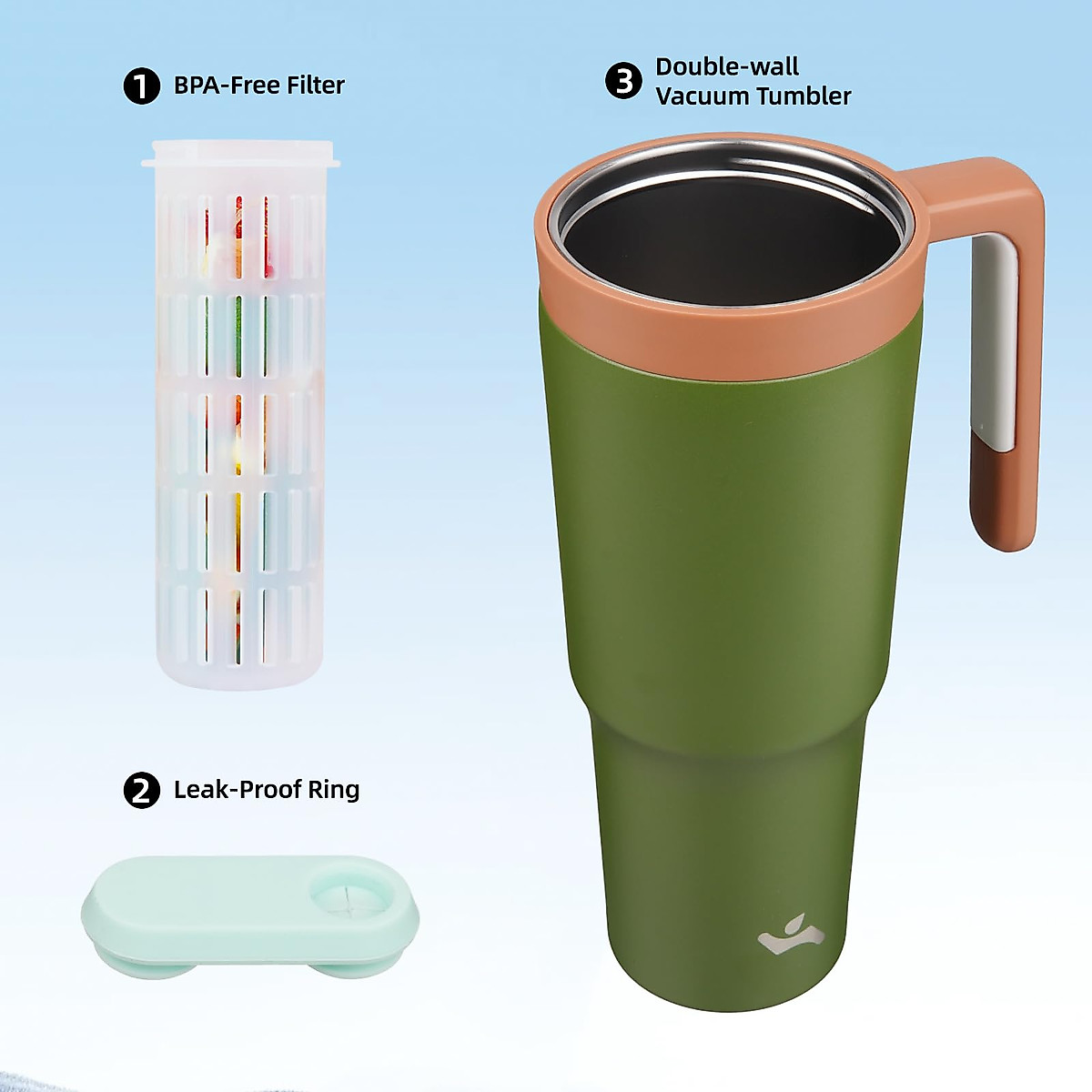 Konokyo Insulated Tumbler with Handle and Straw,40 OZ Vacuum Stainless Steel Water Bottle Travel Mug Metal Cup with Fruit Diffuser,Forest Green